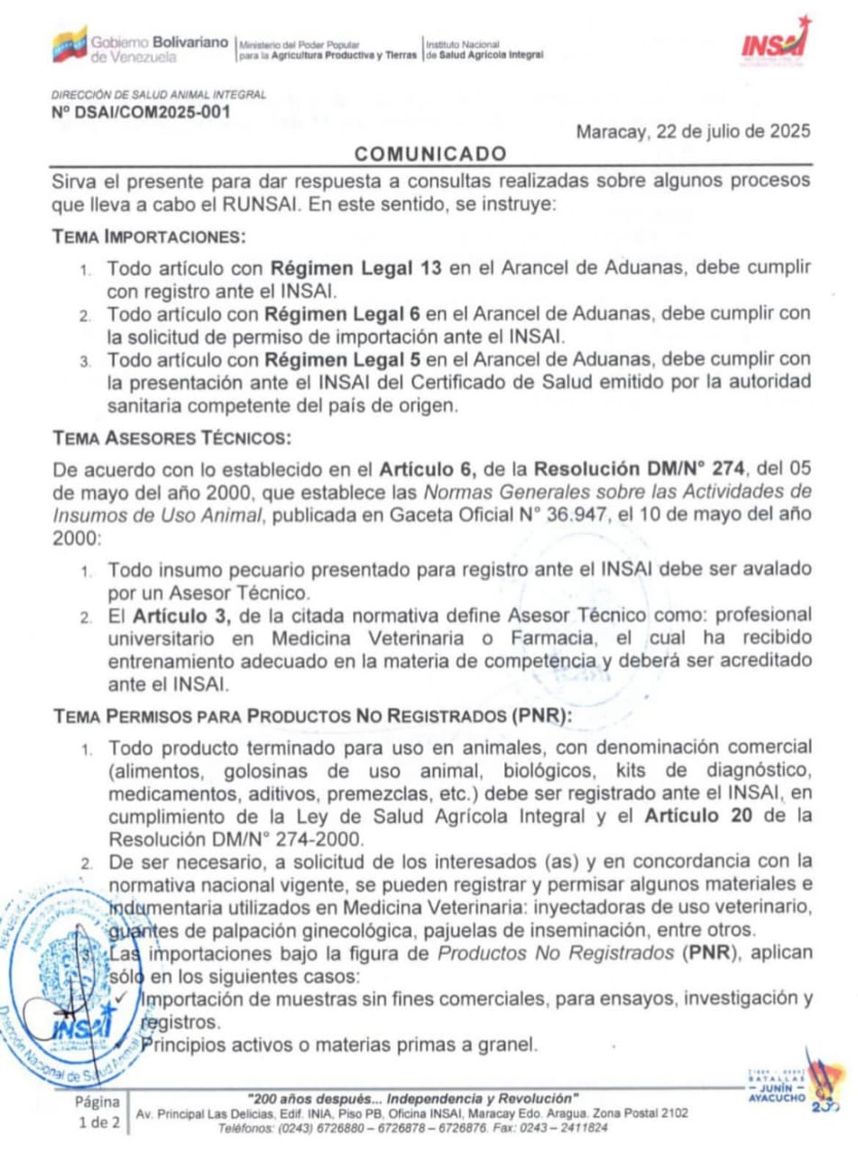 COMUNICADO: Instituto Nacional de Salud Agrícola Integral. Instrucción ...